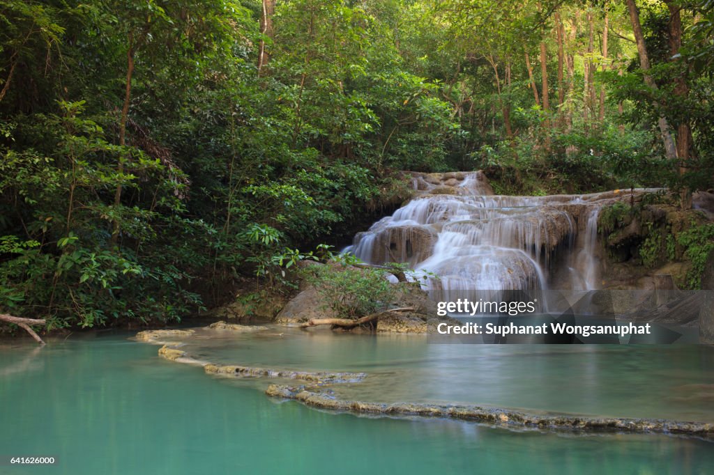 Jungle Landscape With Flowing Turquoise Water Of Erawan Cascade