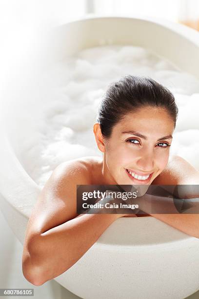 Attractive Brunette Young Woman Taking Bubble Bath Copy Space Photos