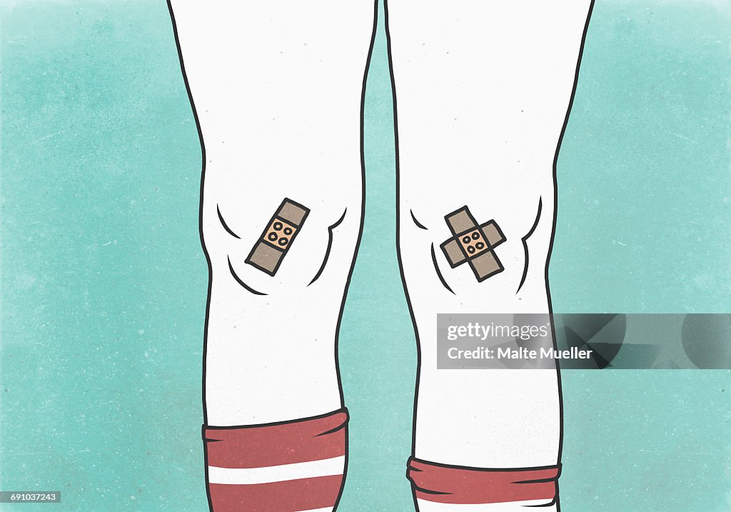 Illustration Of Bandages On Knees Against Green Background Depicting ... Illustration Of Bandages On Knees Against Green Background Depicting ...