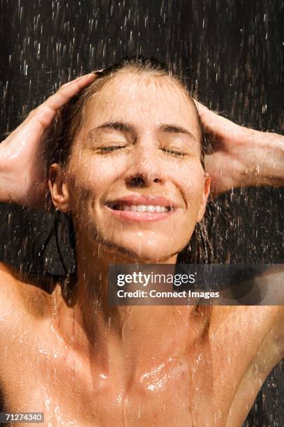 Beautiful Woman In A Shower Washing Her Hair Photos And Premium High