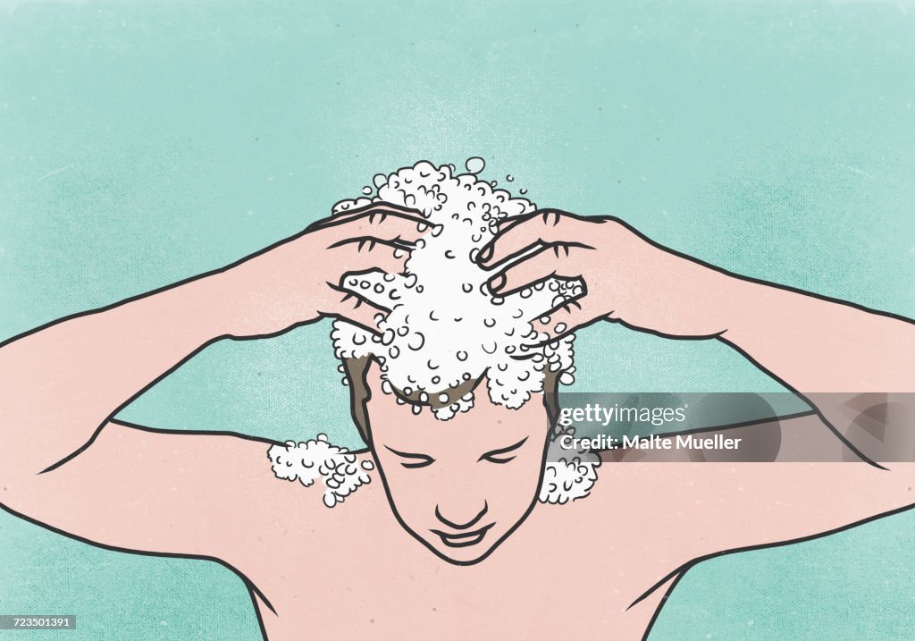 Illustration Of Man Washing His Hair Against Colored Background High