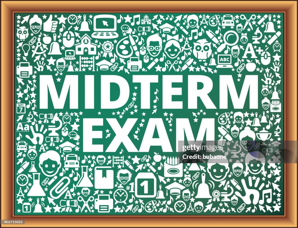 Midterm Exam School And Education Vector Icons On Chalkboard High Res