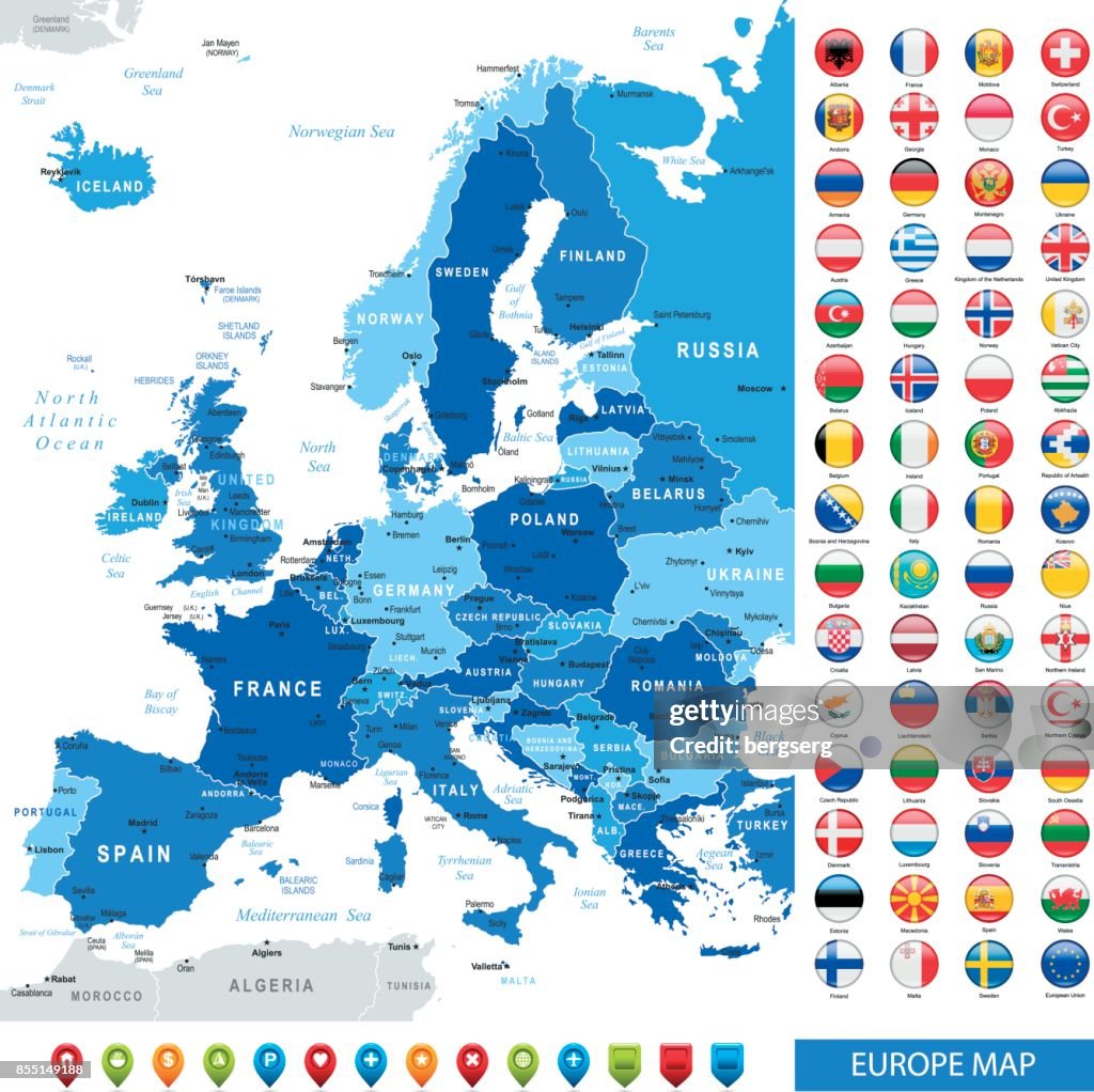 Map Of Europe With Round Flag Buttons And Navigational Icons High-Res ... Map Of Europe With Round Flag Buttons And Navigational Icons High-Res ...