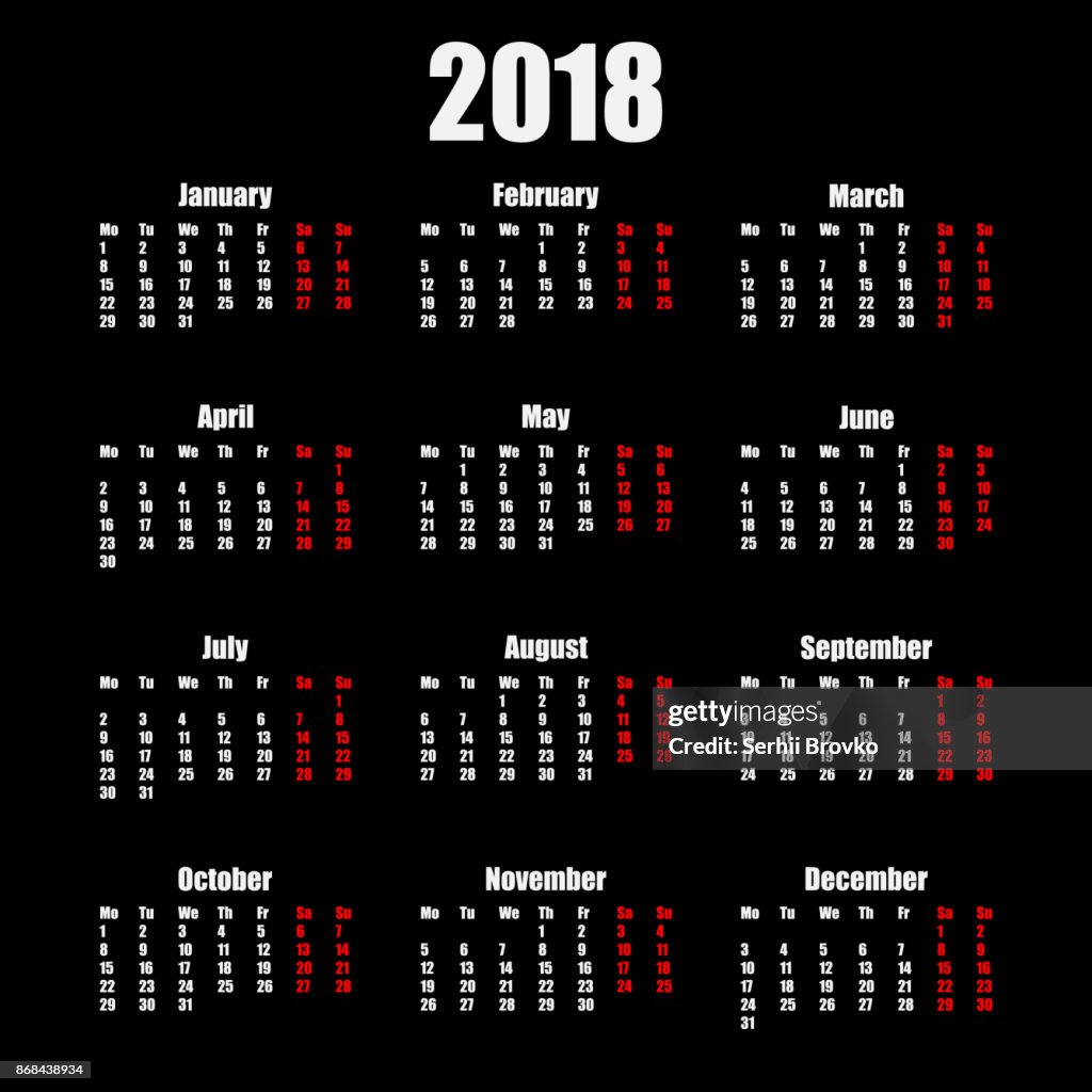 Calendar 2018 Year Simple Style Isolated On Black Background Vector ... Calendar 2018 Year Simple Style Isolated On Black Background Vector ...