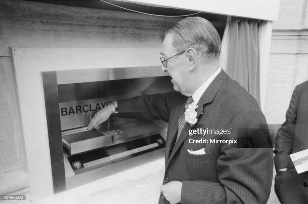 The Worlds First ATM, Cash Machine is unveiled at Barclays Bank, in ... The Worlds First ATM, Cash Machine is unveiled at Barclays Bank, in ...