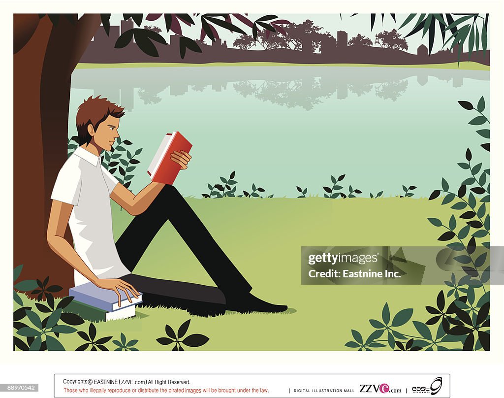 Man Sitting Under Tree Reading Book Ilustración De Stock Getty Images