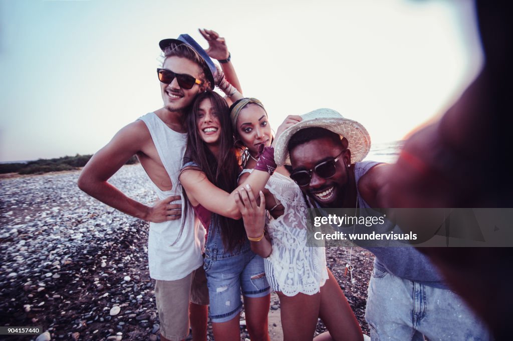 Young Multiethnic Hipster Friends Taking Selfies On Island Summer