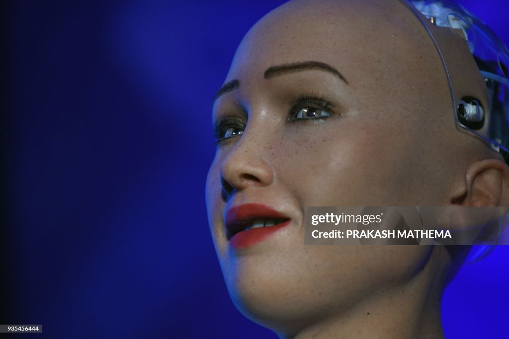 Humanoid Robot Sophia Speaks At A Conference On Using Technology For