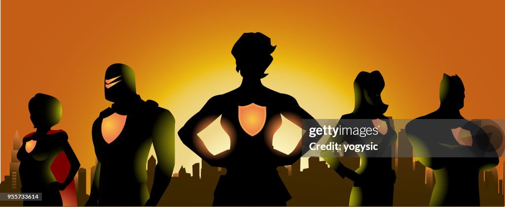 Vector Superhero Team Silhouette With Woman Leader And City Skyline