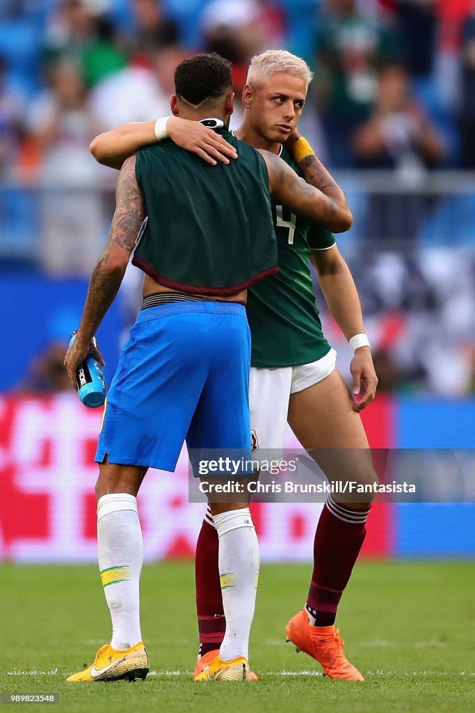 Neymar Of Brazil Hugs Javier Hernandez Of Mexico After The 2018 Fifa